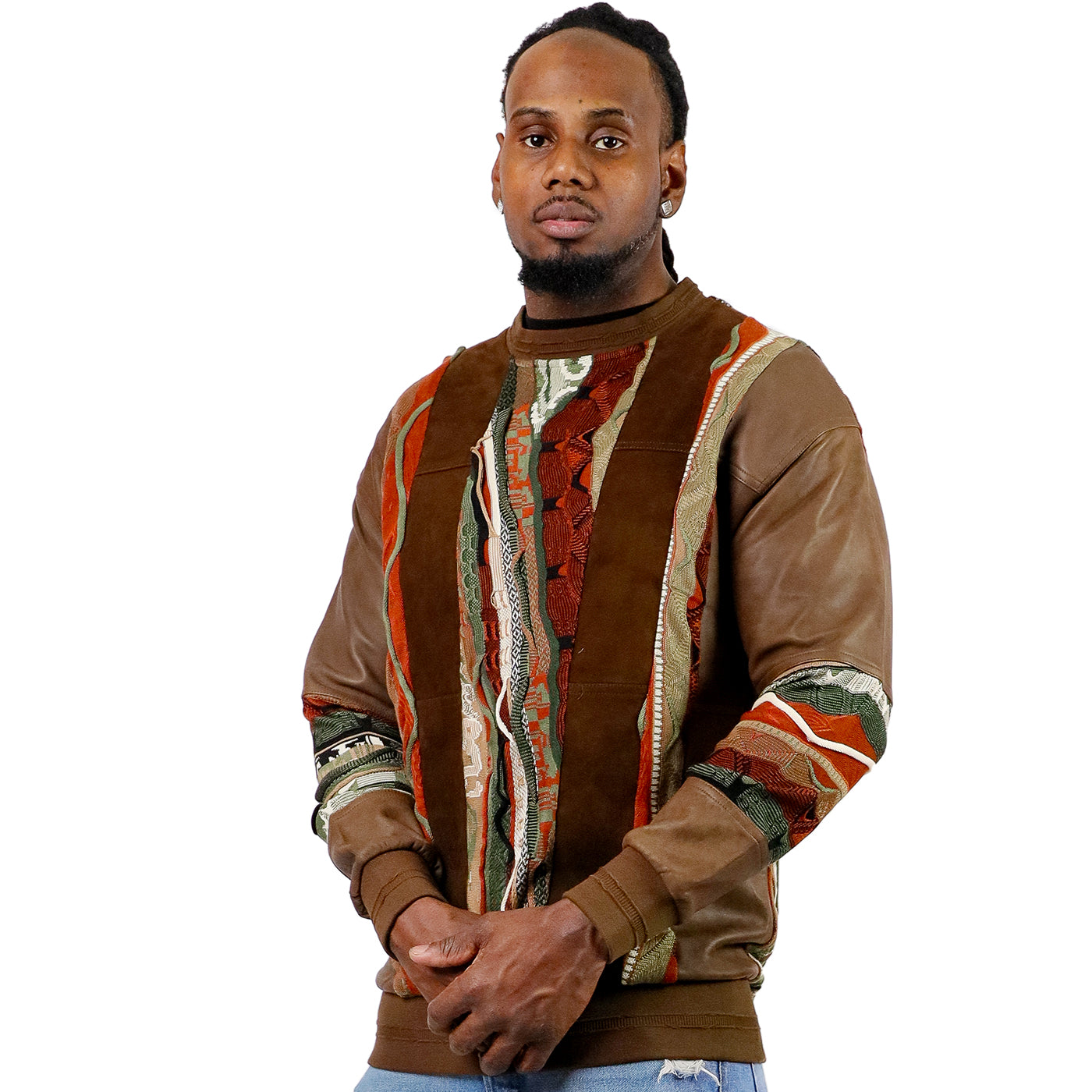 COOGI Leather, Suede and Sweater Pieced Crew - Brown